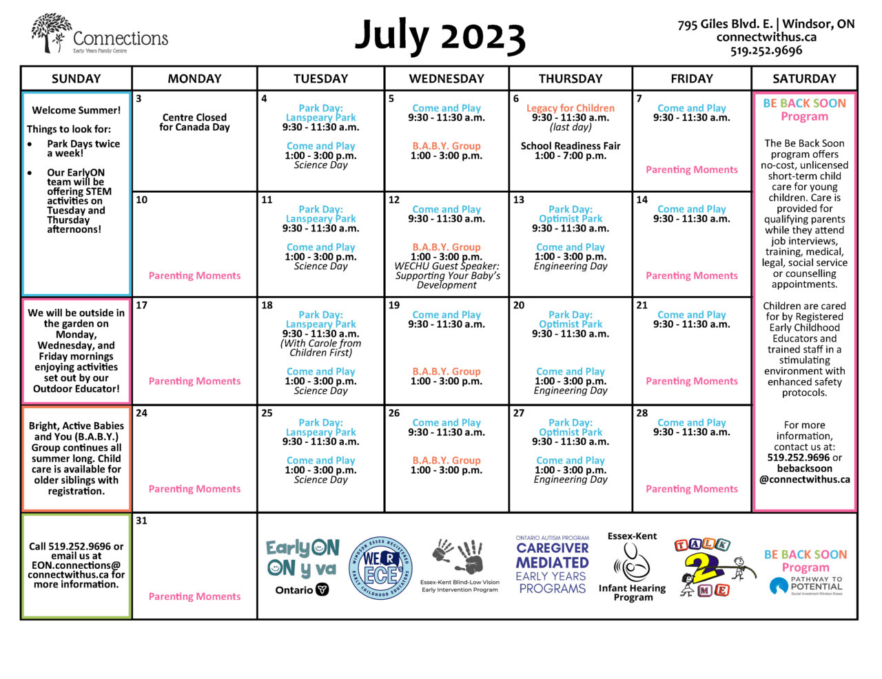 Monthly Calendar & Program Schedule - Connections Early Years Family Centre