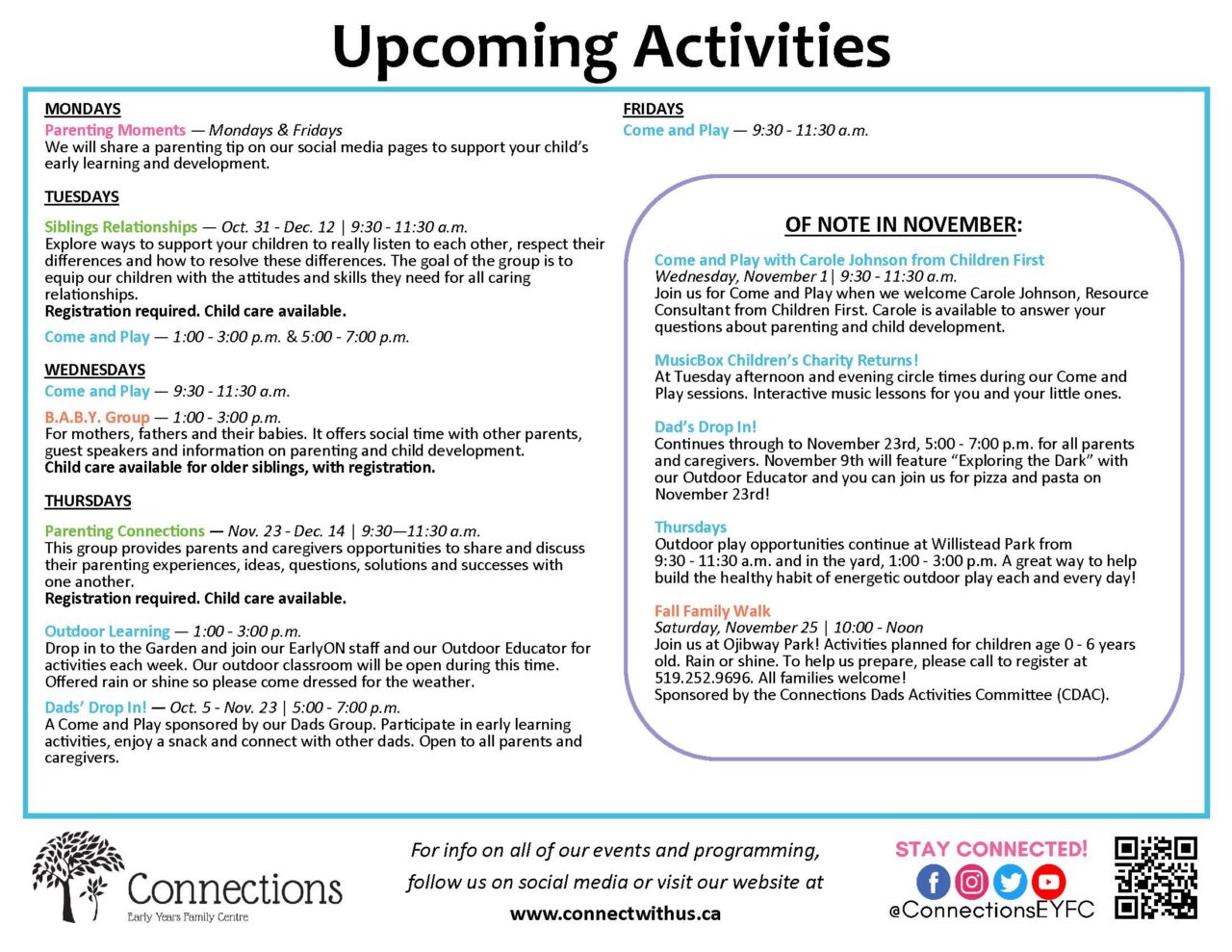 Monthly Calendar & Program Schedule - Connections Early Years Family Centre