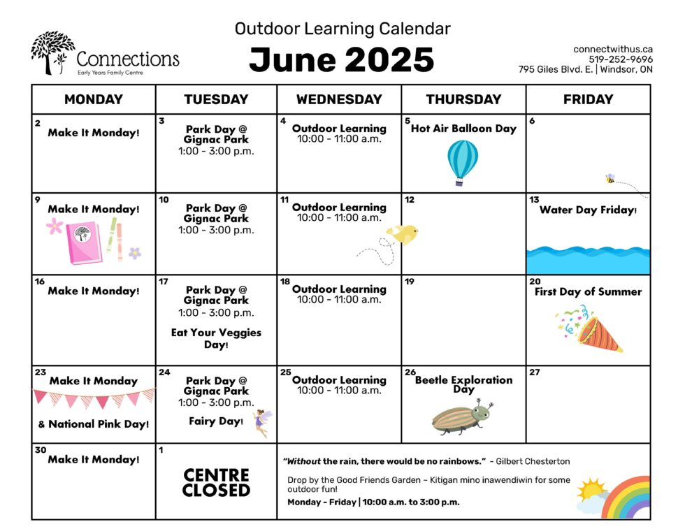 Monthly Calendar & Program Schedule - Connections Early Years Family Centre